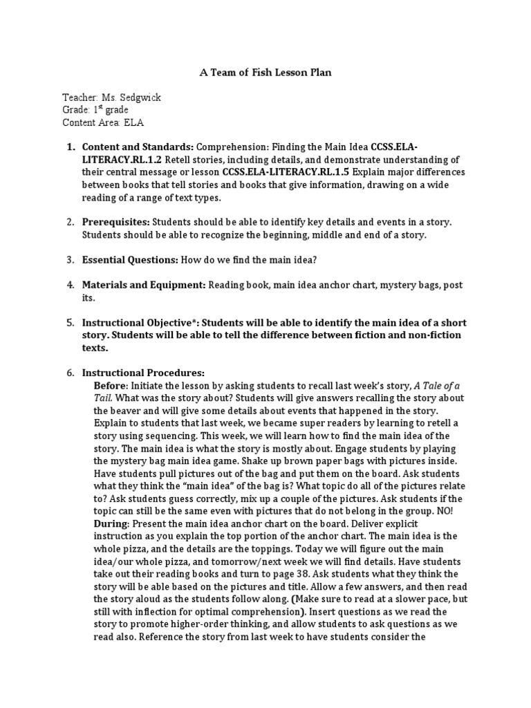 A Team of Fish Lesson Plan | PDF | Reading Comprehension | Lesson Plan
