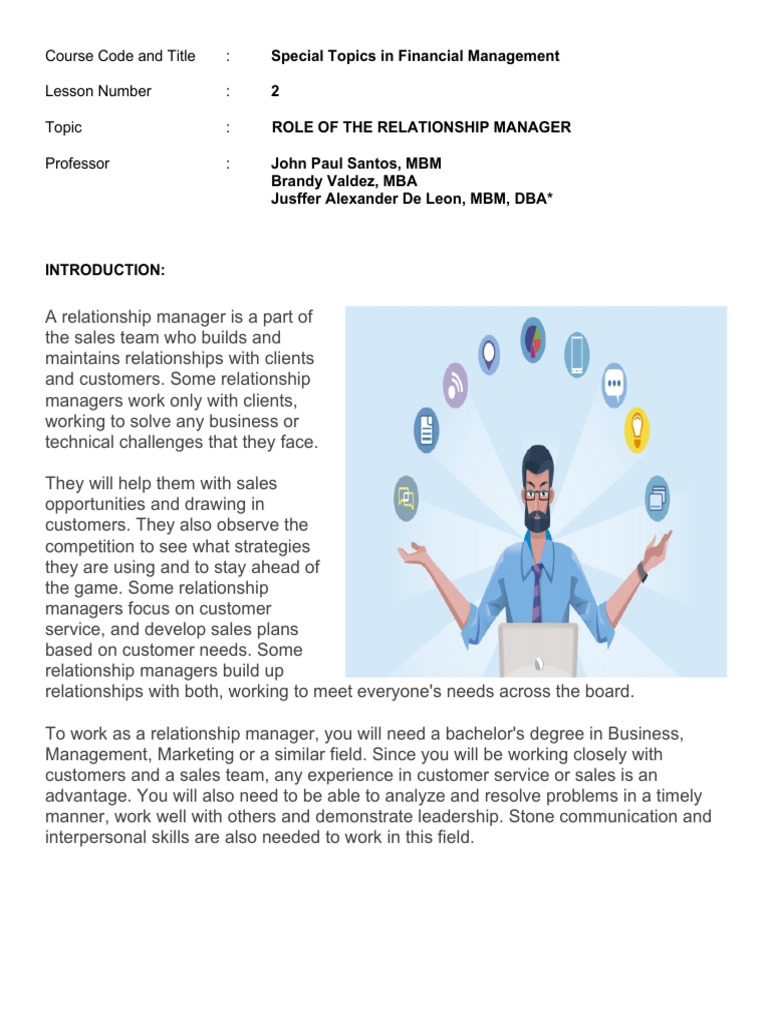 Course Code and Title: Lesson Number: Topic: Role of The Relationship ...