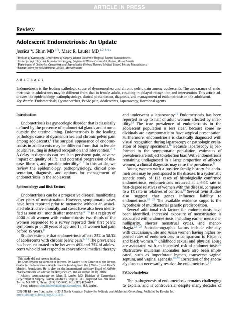 Review Adolescent Endometriosis: An Update: Jessica Y. Shim MD, Marc R ...