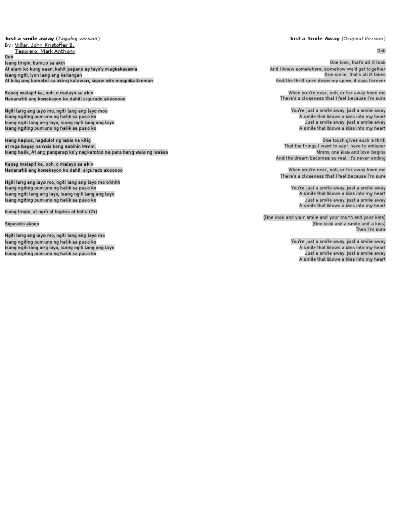 Just A Smile Away (Tagalog Version) | PDF