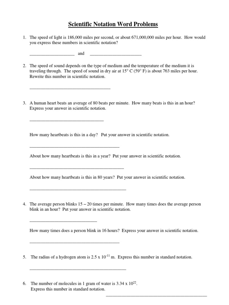 Scientific Notation Word Problems With Answers | PDF | Speed Of Light ...