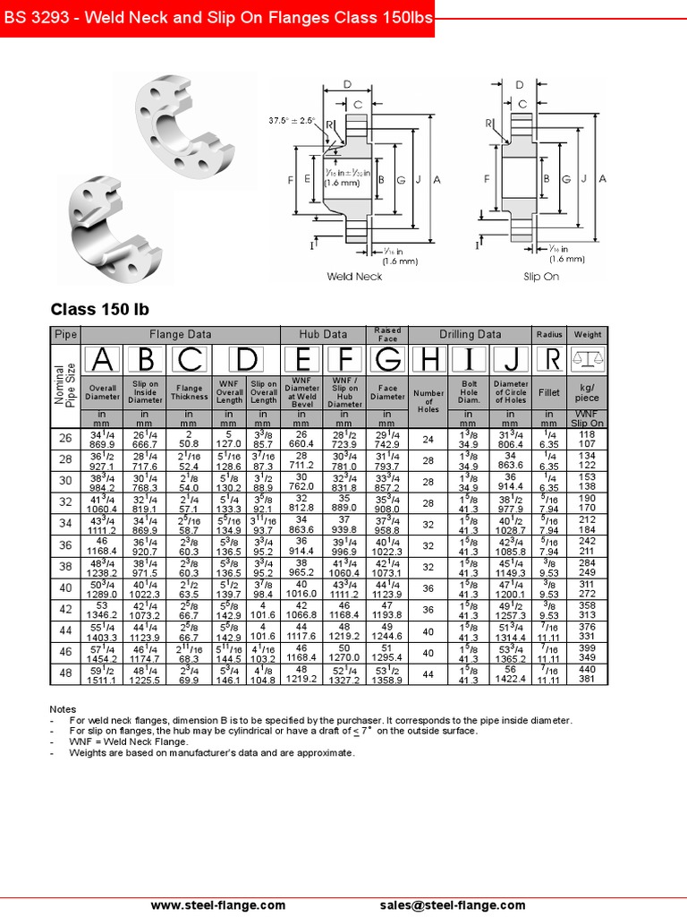 BS 3293 Weld Neck and Slip On Flanges Class 150lbs | PDF | Pipe (Fluid ...