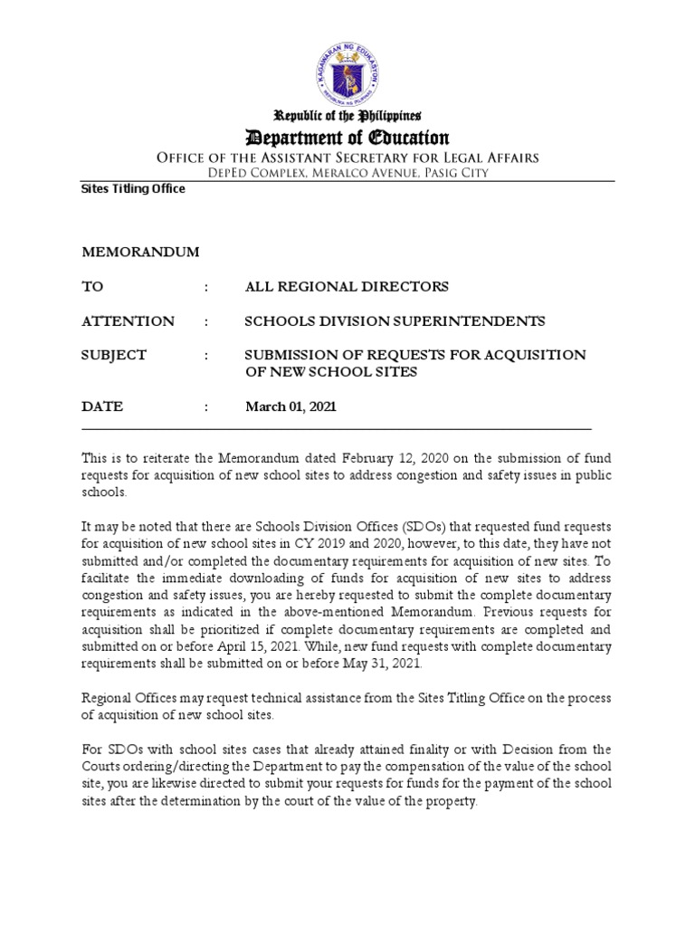 Memo - Reiteration of Submission of Fund Request For Acquisition.v1 ...