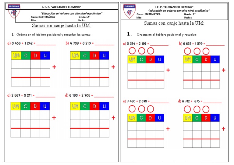 Ficha - Sumas Con y Sin Canje Hasta La Um | PDF