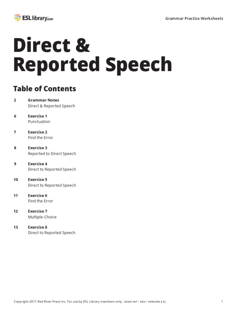 Direct & Reported Speech: Grammar Practice Worksheets | PDF | Language ...