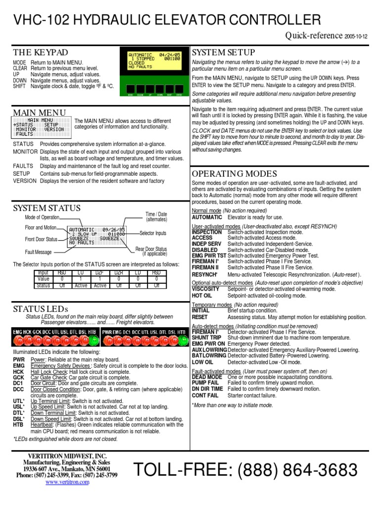 TOLL-FREE: (888) 864-3683: Vhc-102 Hydraulic Elevator Controller | PDF | Menu (Computing) | Elevator