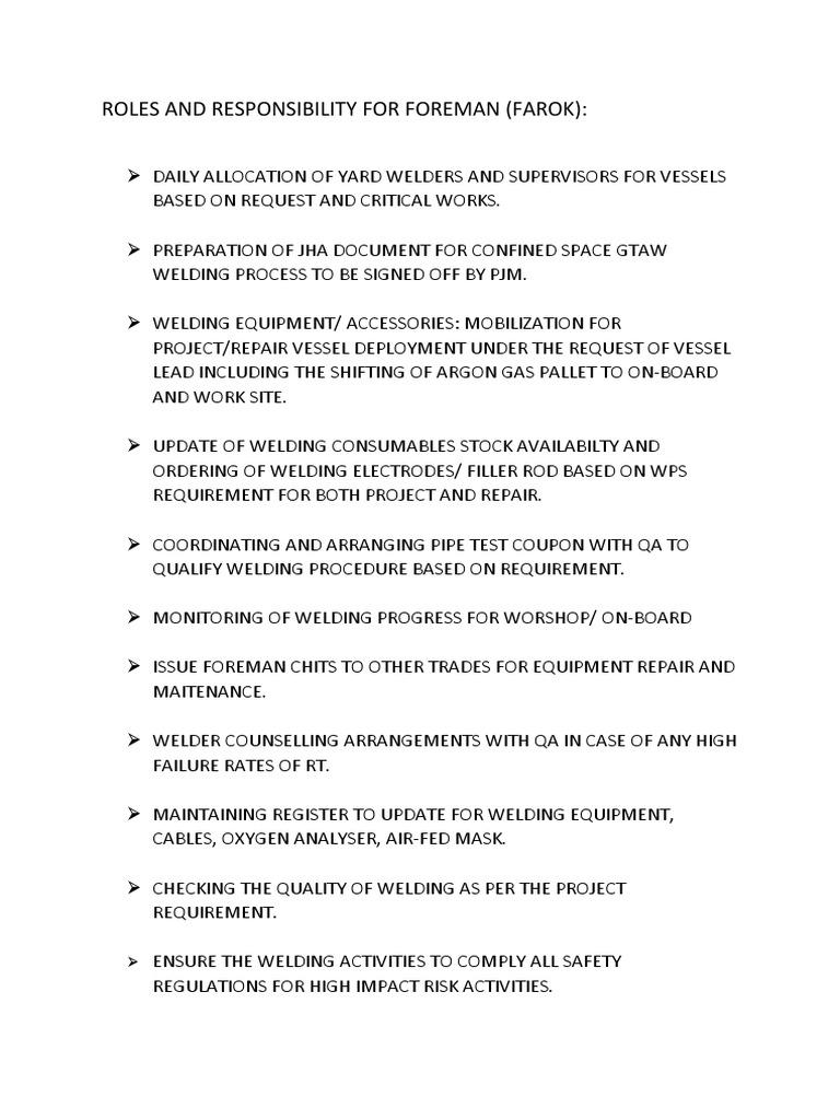 Roles and Responsibility For Foreman | PDF