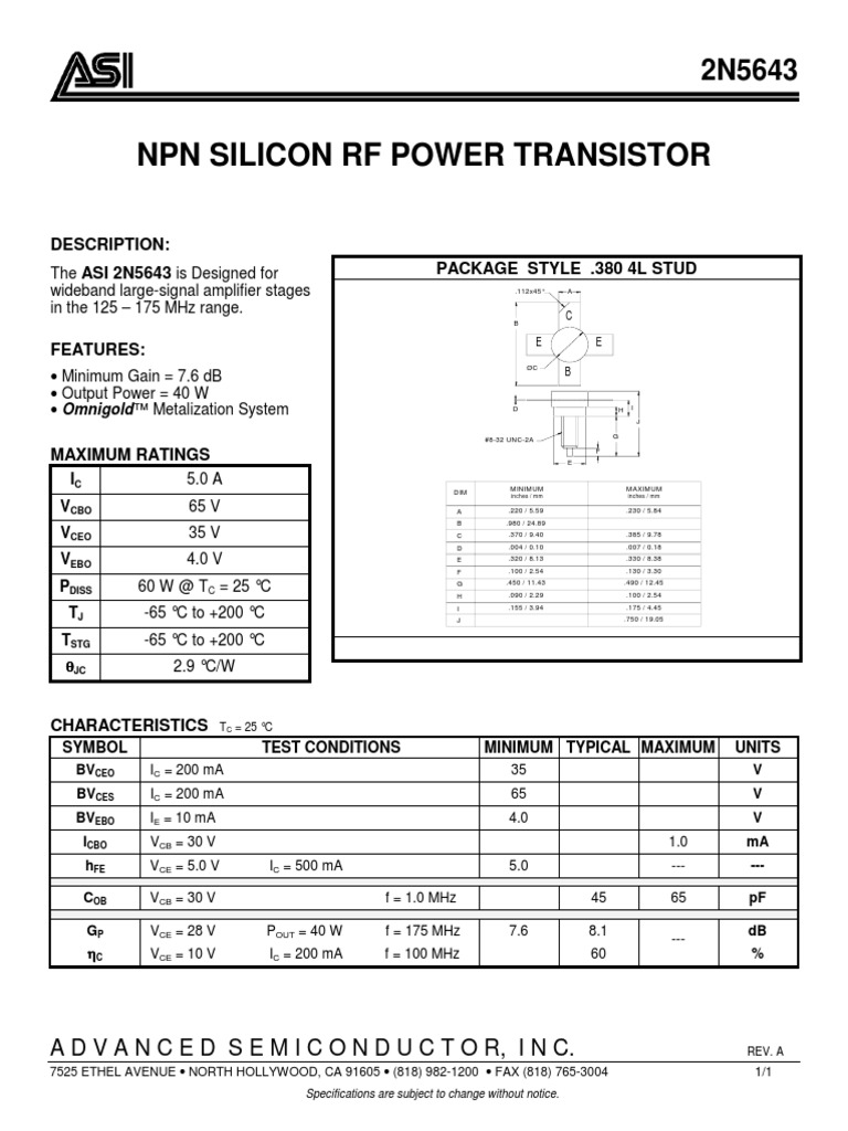 NPN Silicon RF Power Transistor: Description: ASI 2N5643 Package Style ...