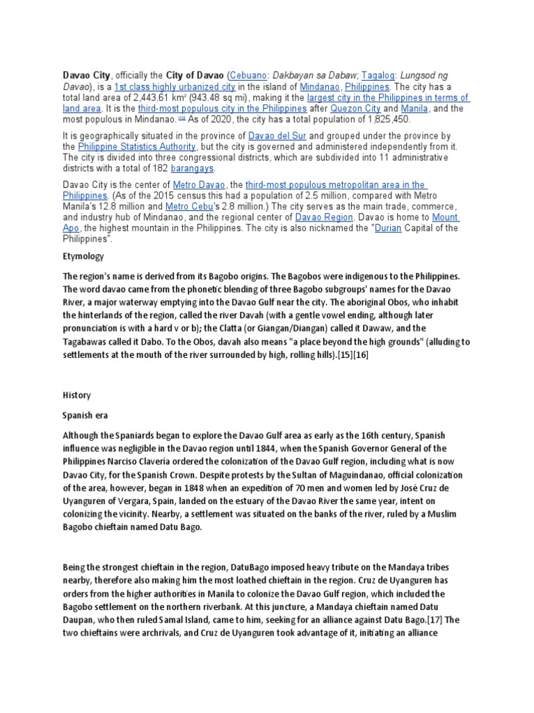 The History and Development of Davao City from its Founding to the Post ...