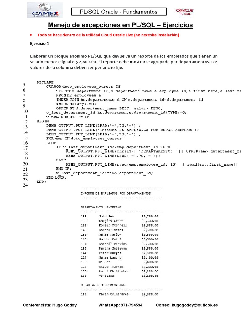 CAMEX CM6 PLSQL Ejercicios | PDF | Pl / Sql | SQL
