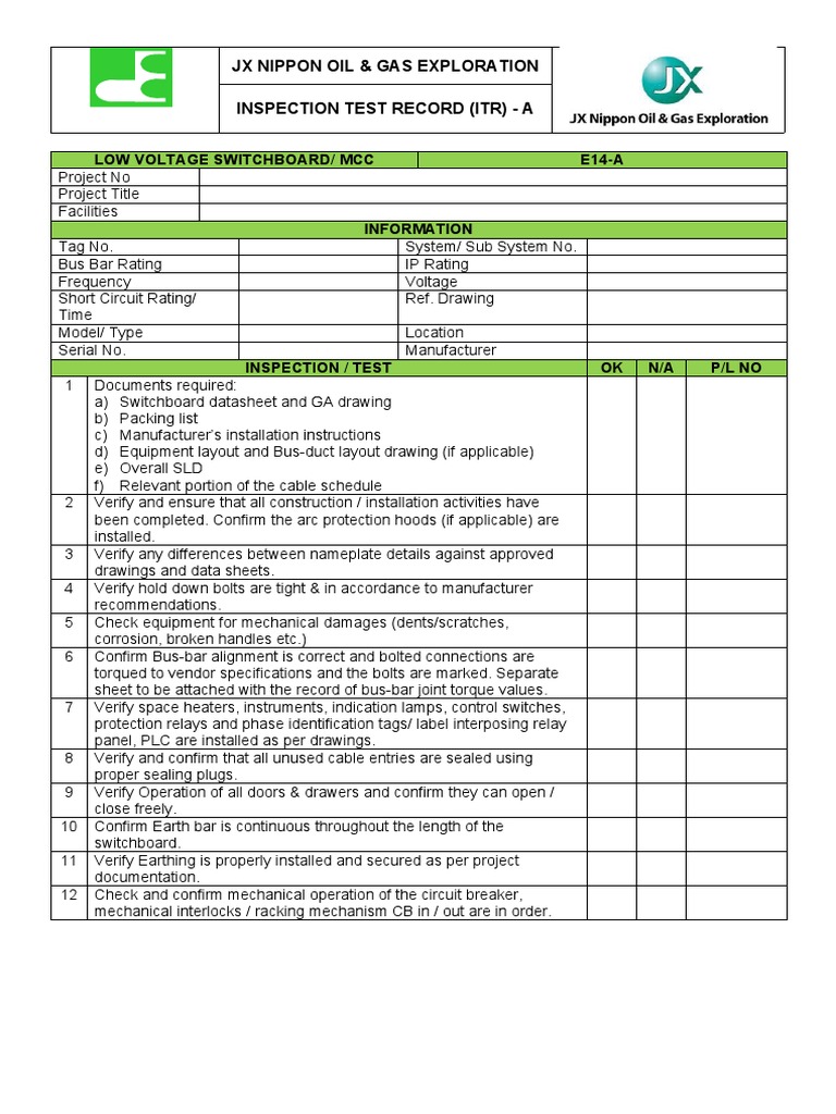 JX Nippon Oil & Gas Exploration Inspection Test Record (Itr) - A | PDF ...