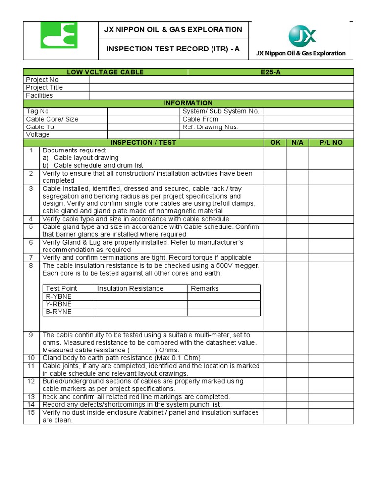 JX Nippon Oil & Gas Exploration Inspection Test Record (Itr) - A | PDF ...