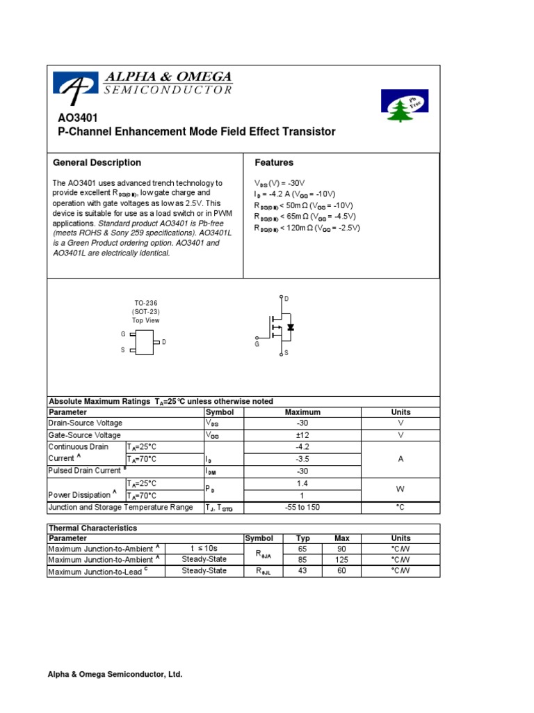 AO3401 P-Channel Enhancement Mode Field Effect Transistor: Features ...