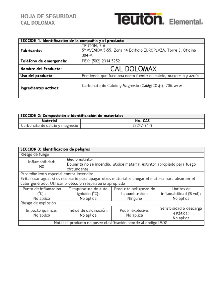 MSDS Cal Dolomax | PDF | Toxicidad | Magnesio