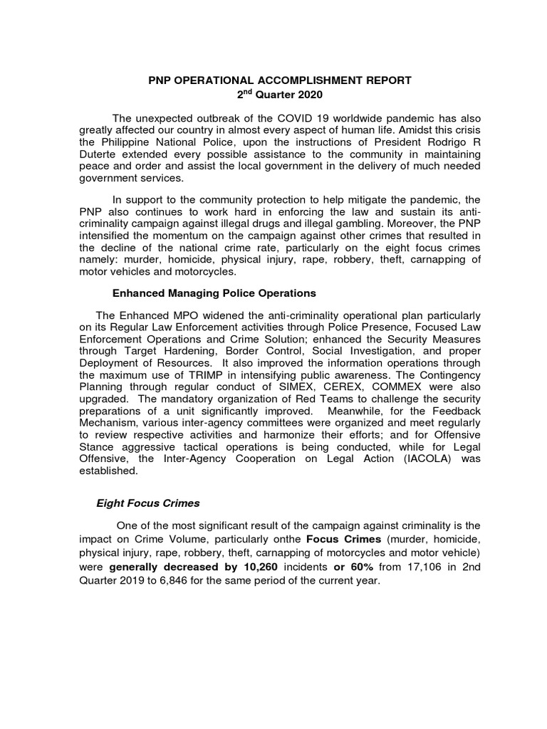 PNP Operational Accomplishment Report 2nd Quarter 2020 | PDF ...