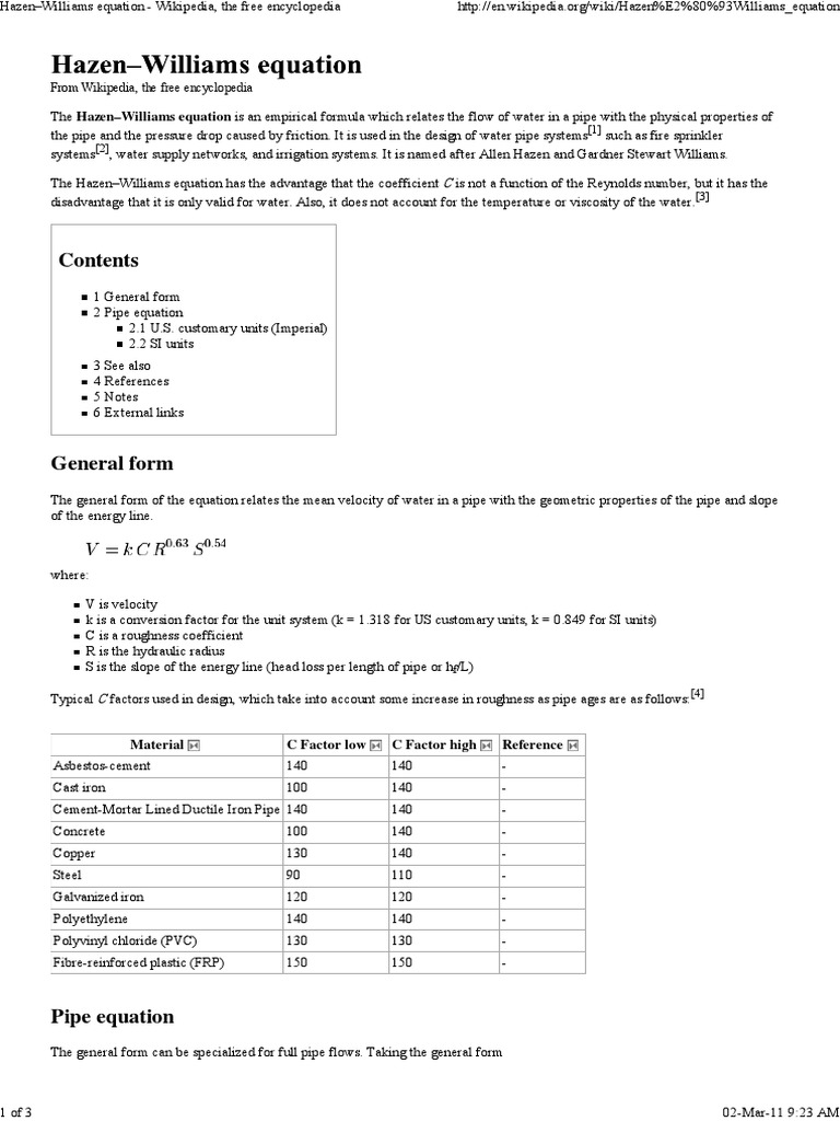 Hazen Williams Equation Civil Engineering Plumbing