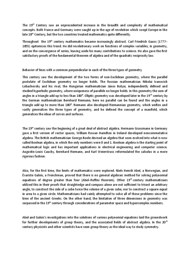 19th Century Mathematics | PDF | Non Euclidean Geometry | Geometry
