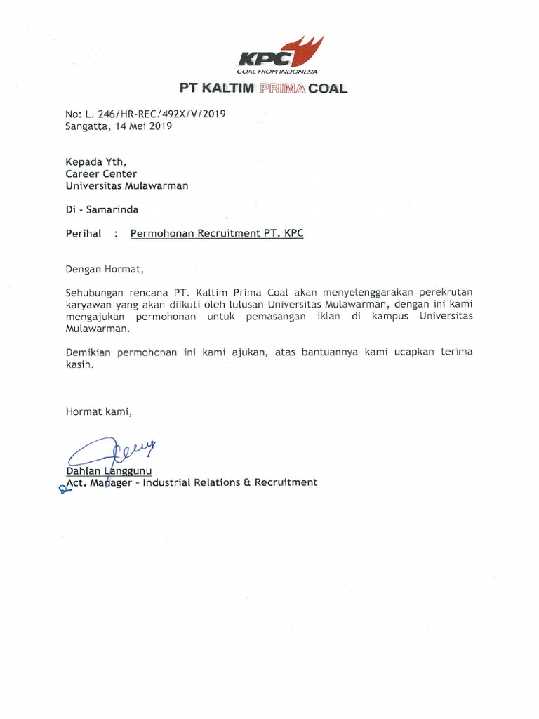 Surat Permohonan PT. KPC (Univ. Mulawarman) | PDF