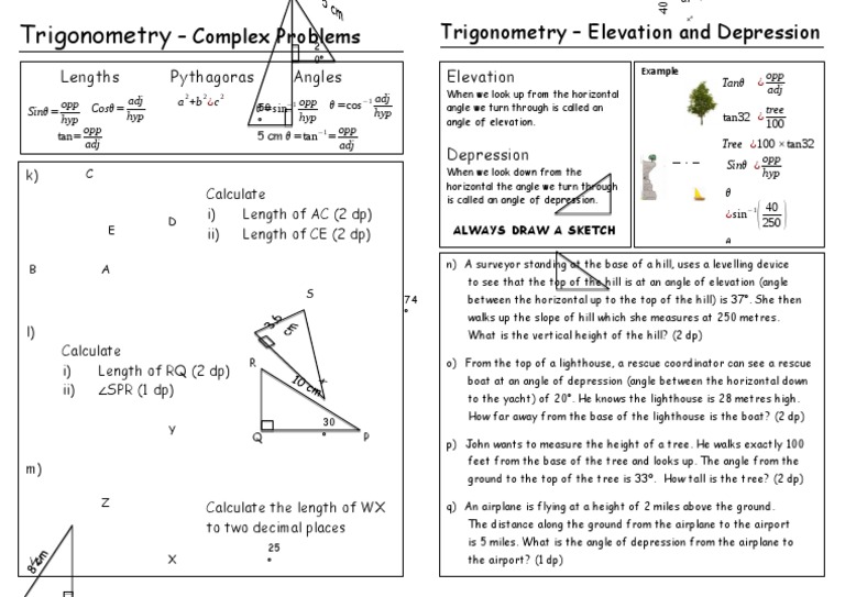 Trigonometry: - Complex Problems Trigonometry - Elevation and Depression | PDF | Angle | Length