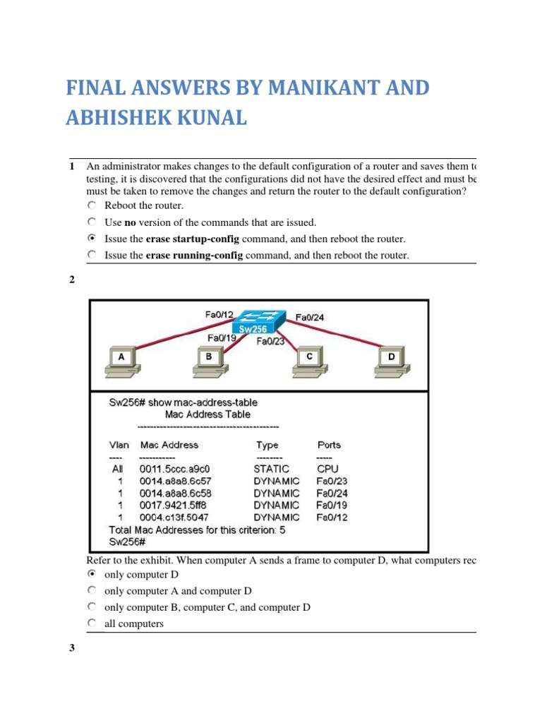 Final Answers Ccna Exploration 1 Pdf Router Computing Internet Protocol Suite