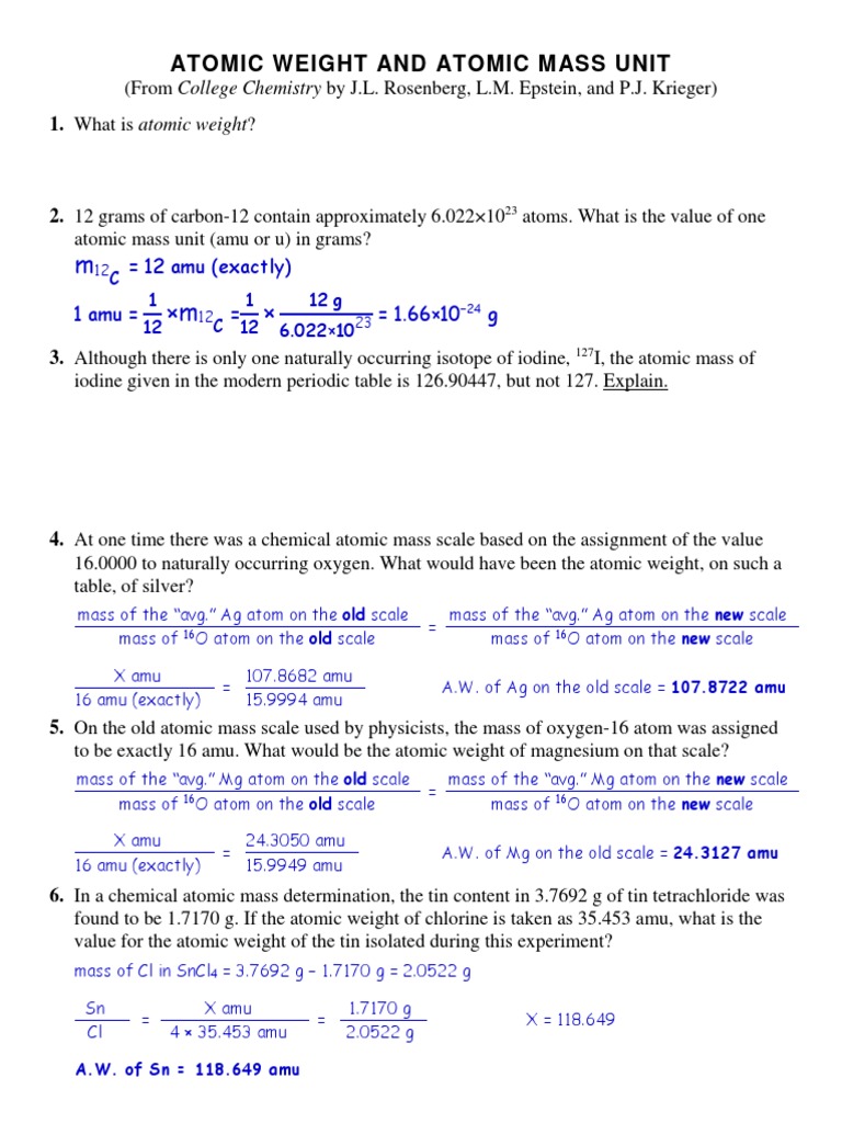 Atomic Weight and Atomic Mass Unit: 12 Amu (Exactly) 1 Amu 1.66×10 G ...