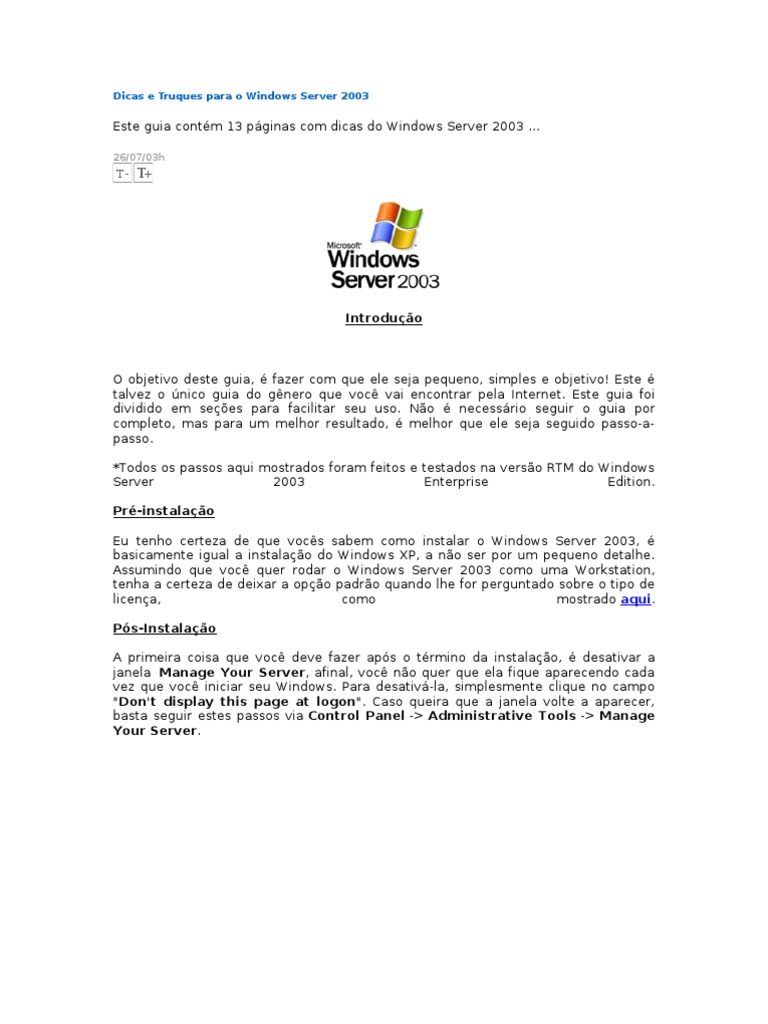 Dicas e Truques para o Windows Server 2003 | PDF | Windows Server 2003 | Microsoft Windows