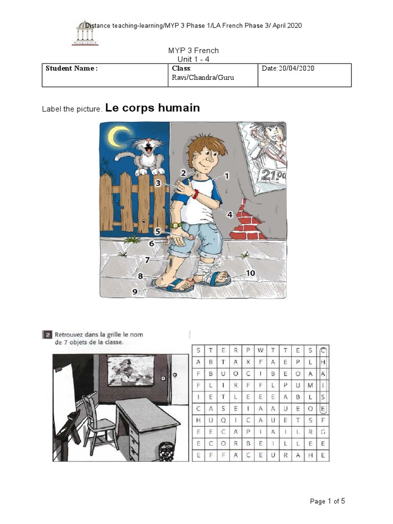 MYP 3 French Worksheet 5 Unit1 - 4 - Phase 1 Tejashri J | PDF
