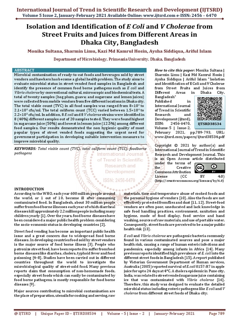 Isolation and Identification of E Coli and V Cholerae From Street ...
