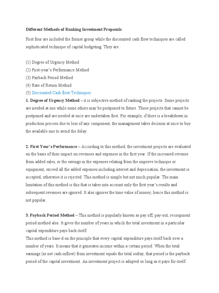 Different Methods of Ranking Investment Proposals | PDF | Present Value ...