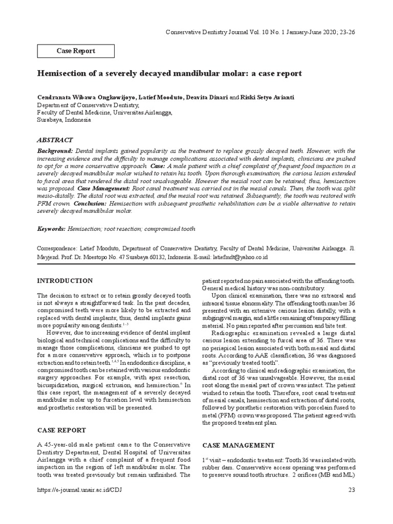 Hemisection of A Severely Decayed Mandibular Molar: A Case Report | PDF ...
