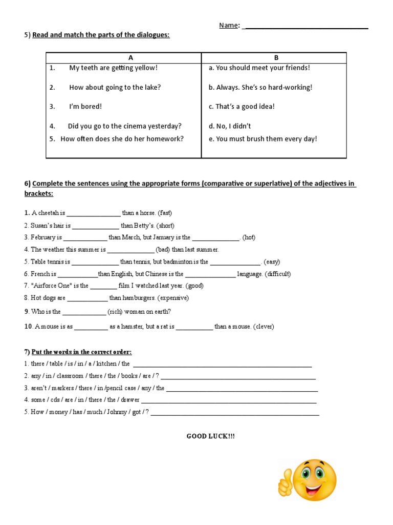 Matching Dialogues and Comparing Adjectives | PDF