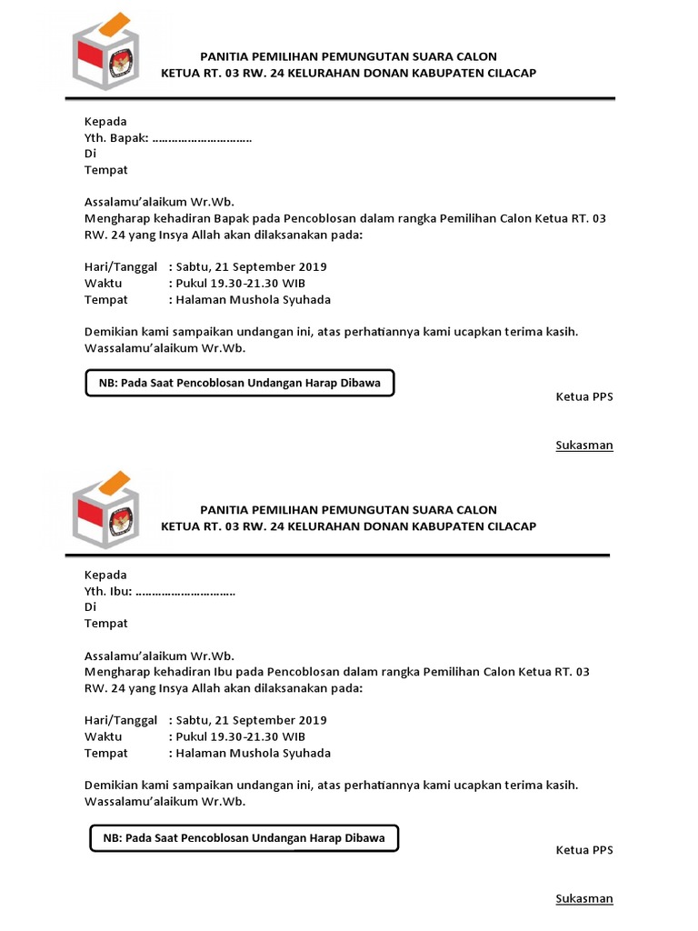 Surat Undangan PEMILU RT. 03 RW. 24 | PDF