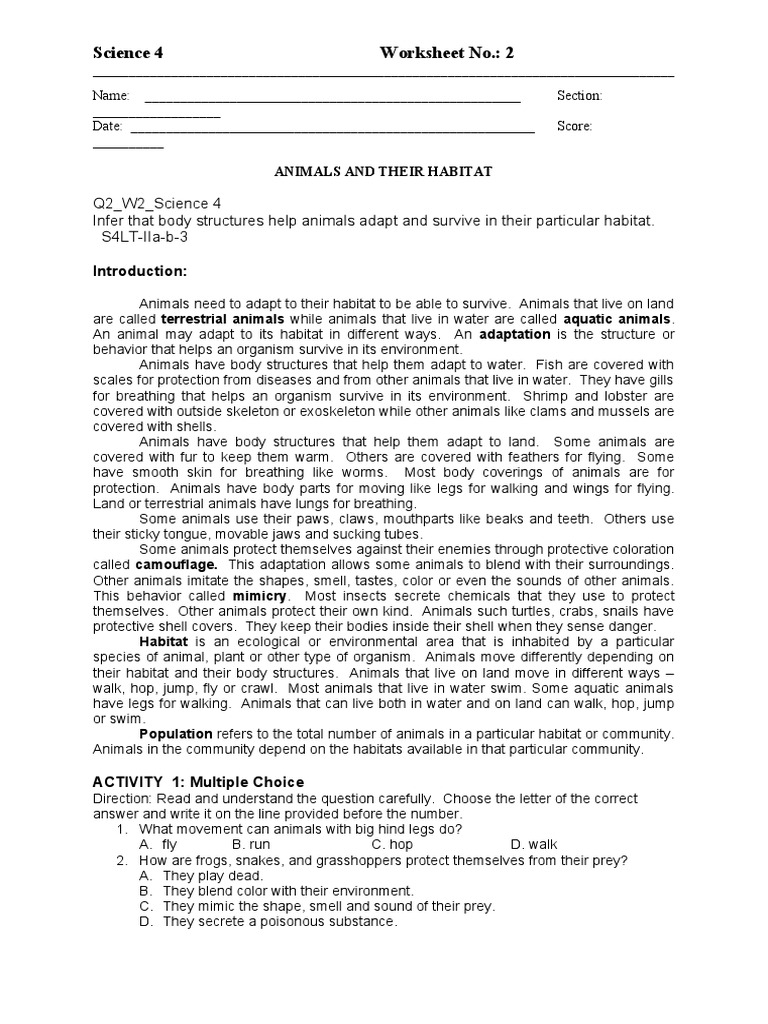 Science 4 Worksheet No.: 2 | PDF | Habitat | Predation