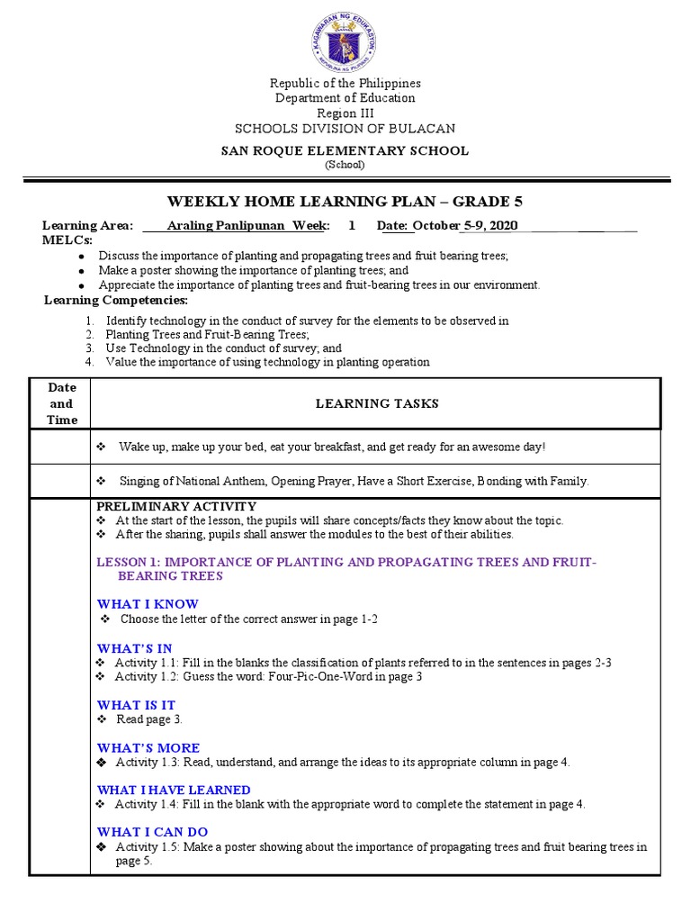 Weekly Home Learning Plan - Grade 5: San Roque Elementary School | PDF ...
