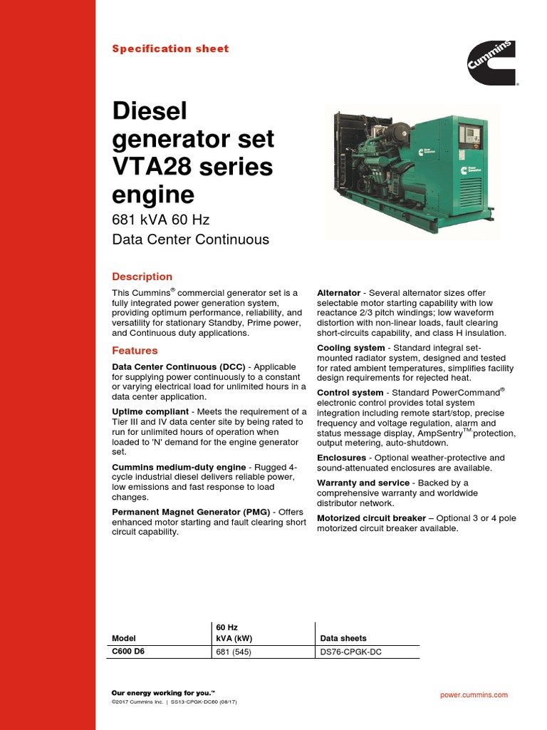 Diesel Generator Set VTA28 Series Engine: 681 kVA 60 HZ Data Center ...