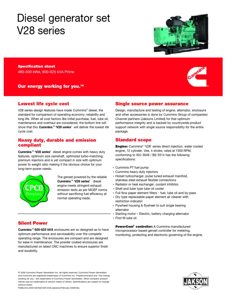 Diesel Generator Set V28 Series: Lowest Life Cycle Cost | PDF | Diesel ...