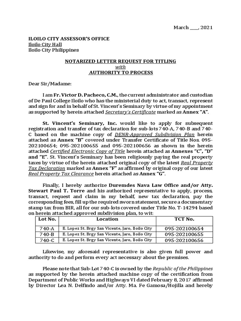 Notarized Letter Request For Assessor With Authority To Process | PDF ...