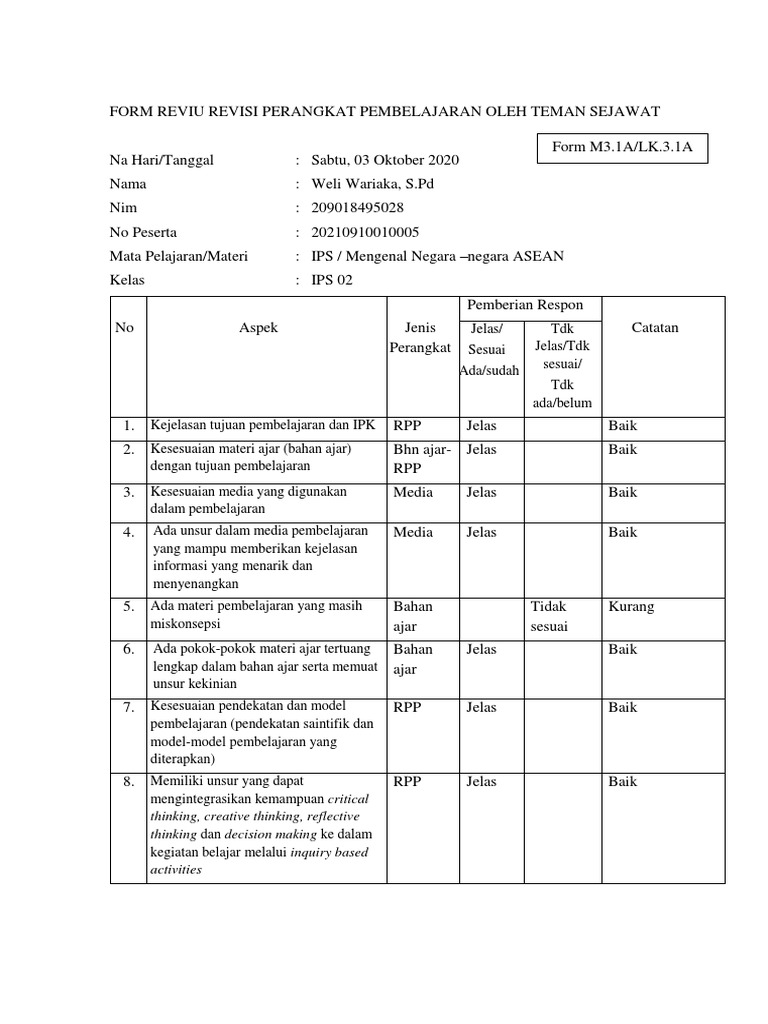 FORM REVIU REVISI PERANGKAT PEMBELAJARAN - WELI WARIAKA, S.PD | PDF