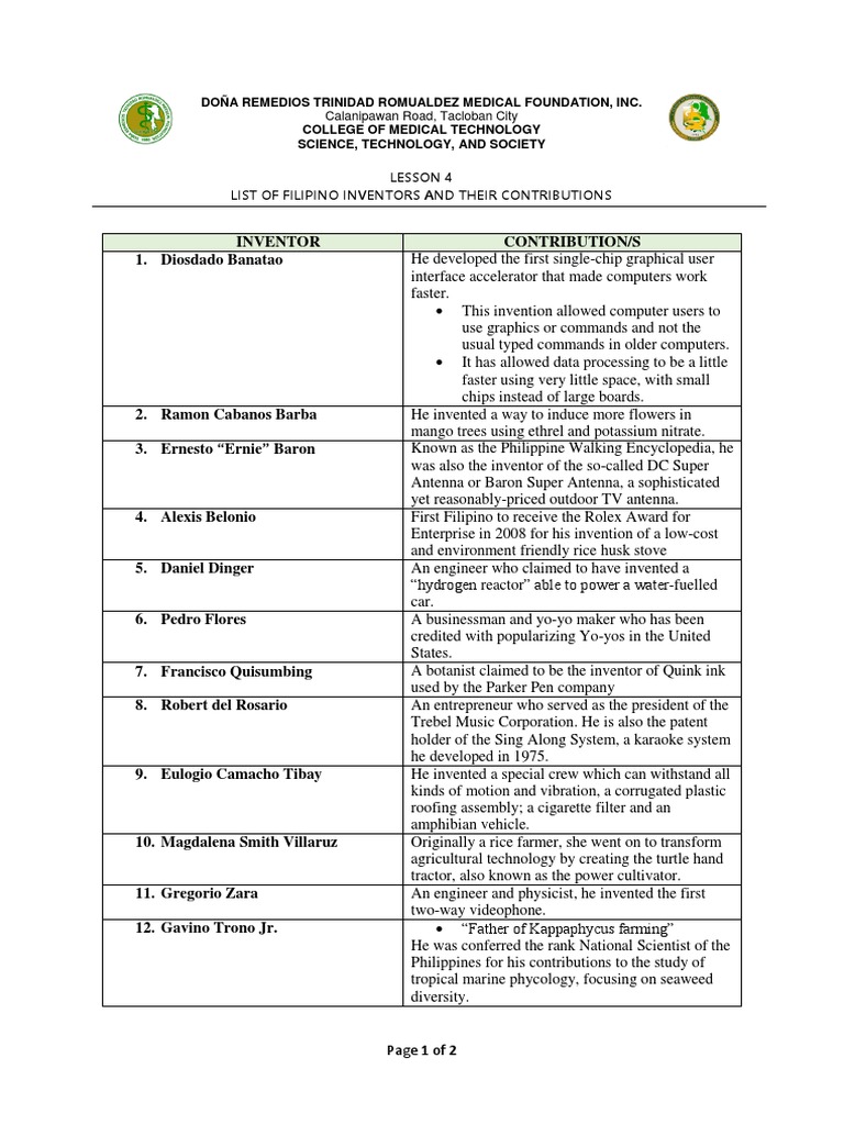 Lesson 4 List of Filipino Inventors and Their Contributions | PDF ...