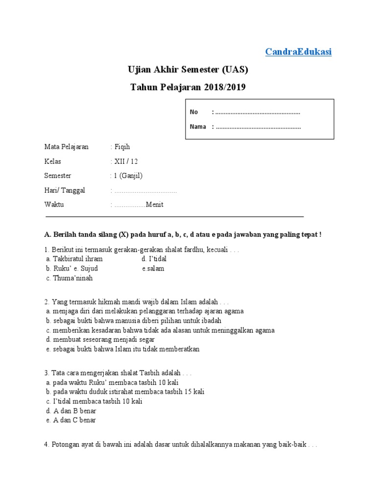 SOAL UAS Fiqih KELAS 12 K13 SEMESTER 1 | PDF