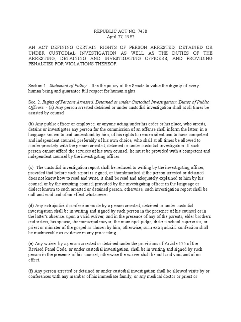 Republic Act 7438 | PDF | Right To Silence | Crime & Violence