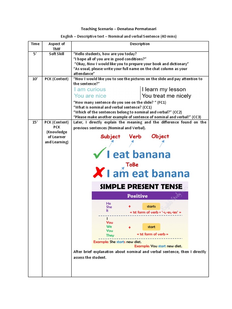 Teaching Scenario - Nominal and Verbal Sentence | PDF | Question | Change