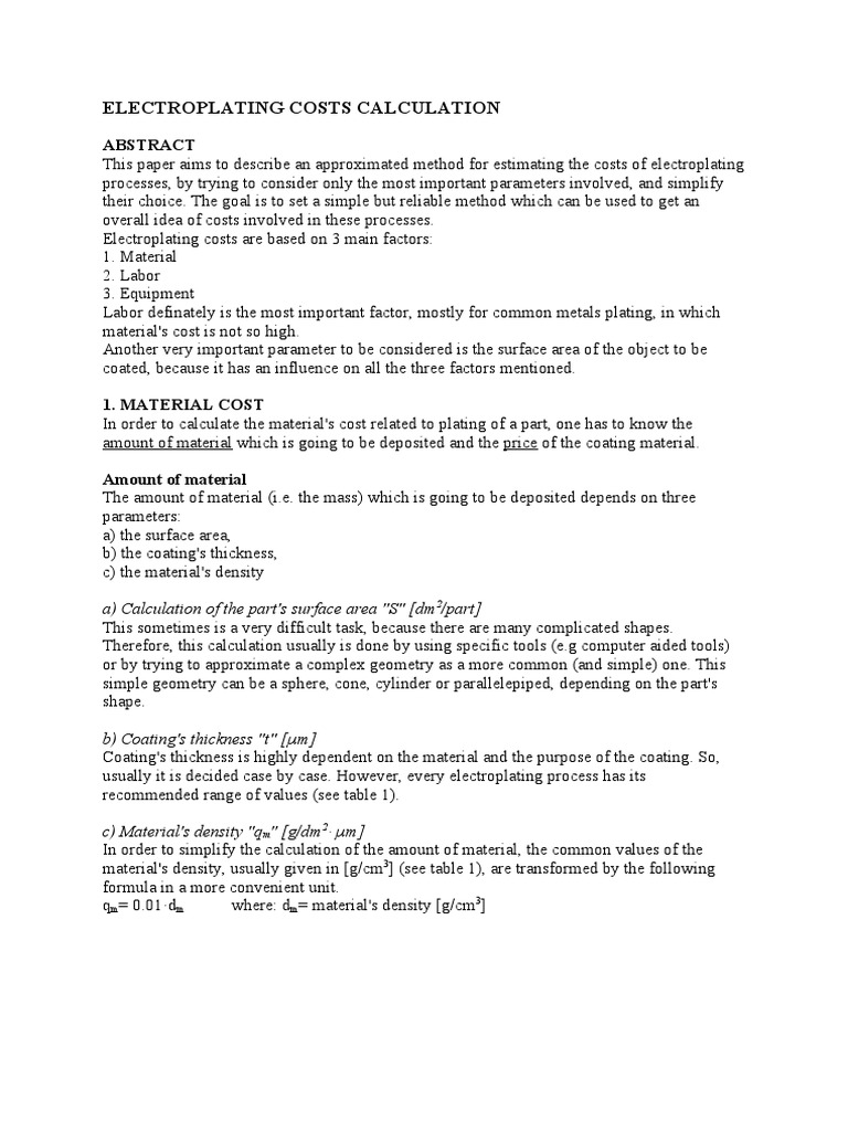 Electroplating Cost Calculation - Ref | PDF | Area | Density