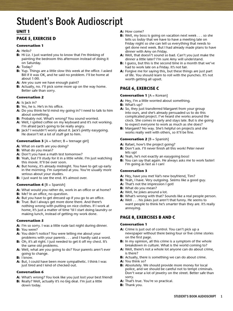 Student's Book Audioscript: Unit 1 Page 5, Exercise D | PDF | Psychotherapy | Entertainment ...