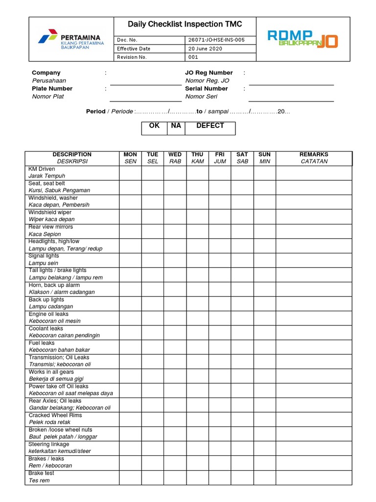 TMC Daily Inspection Checklist | PDF | Car Body Styles | Vehicles