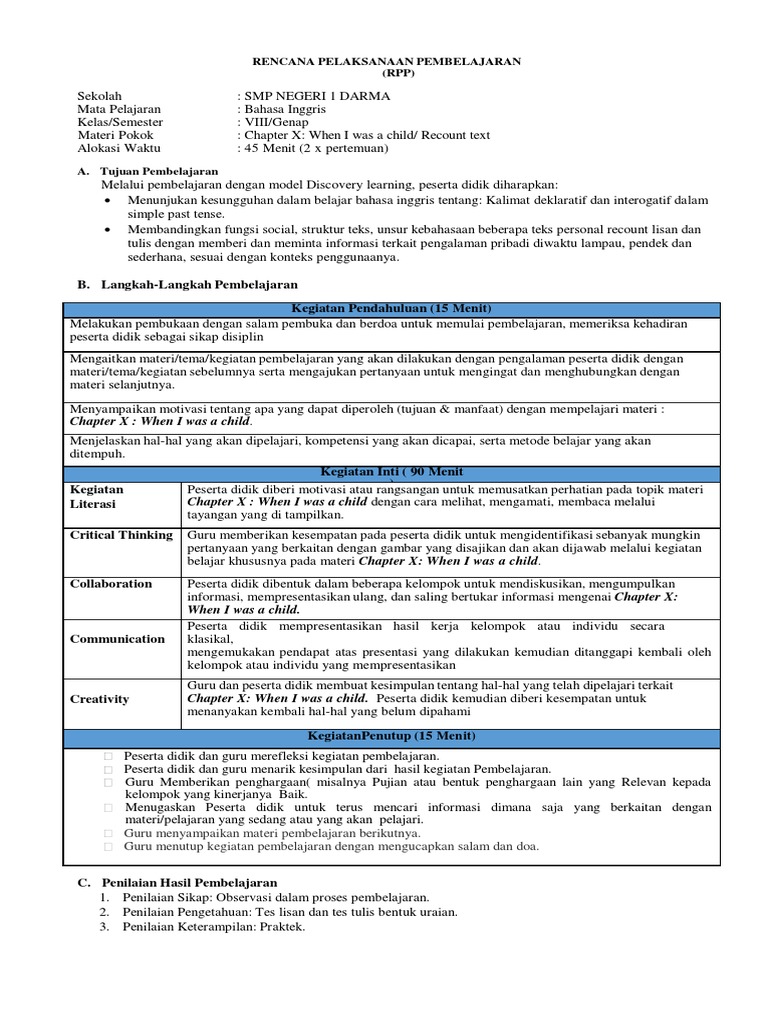 Ayu RPP 1 Lembar Recount Text | PDF