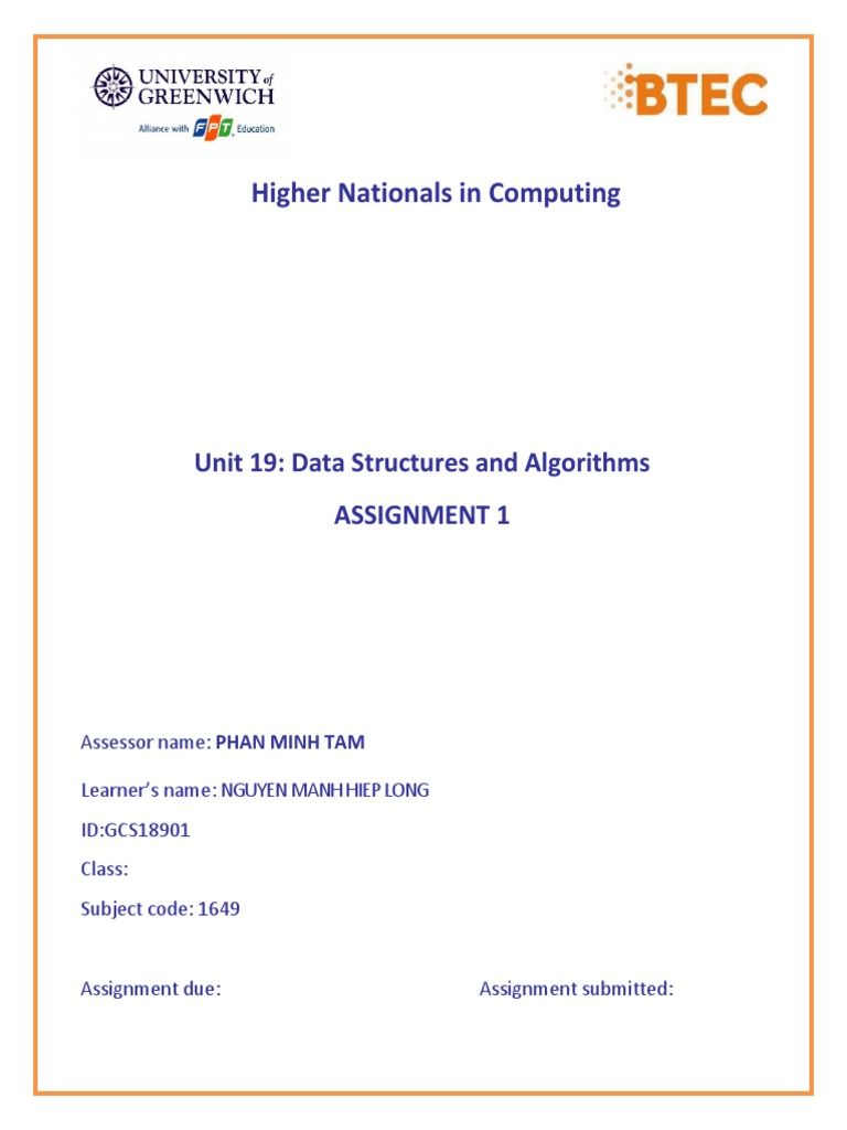 Higher Nationals in Computing: Unit 19: Data Structures and Algorithms Assignment 1 | PDF ...