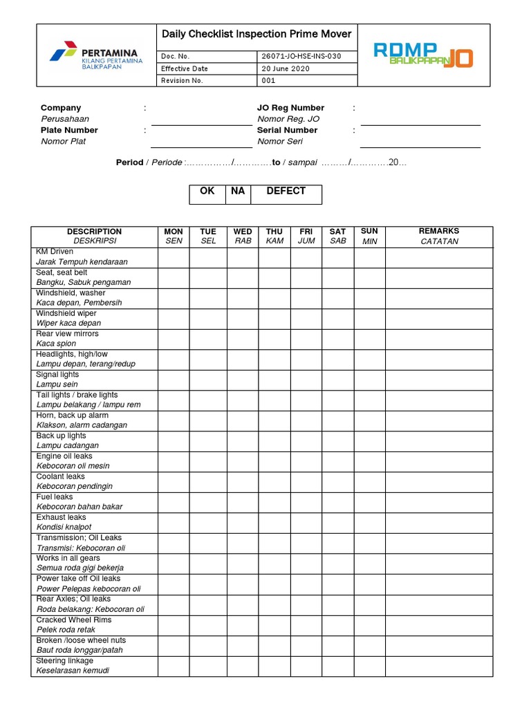 Daily Checklist Prime Mover R.001 | PDF | Vehicles | Motor Vehicle