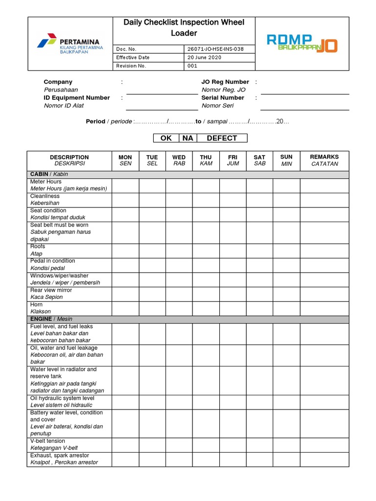 Daily Check List Wheel Loader R.001 | PDF | Vehicles | Land Vehicles