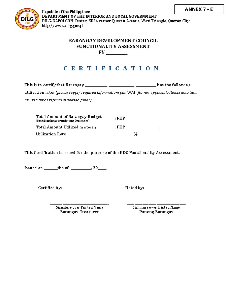 Certification: Barangay Development Council Functionality Assessment FY ...